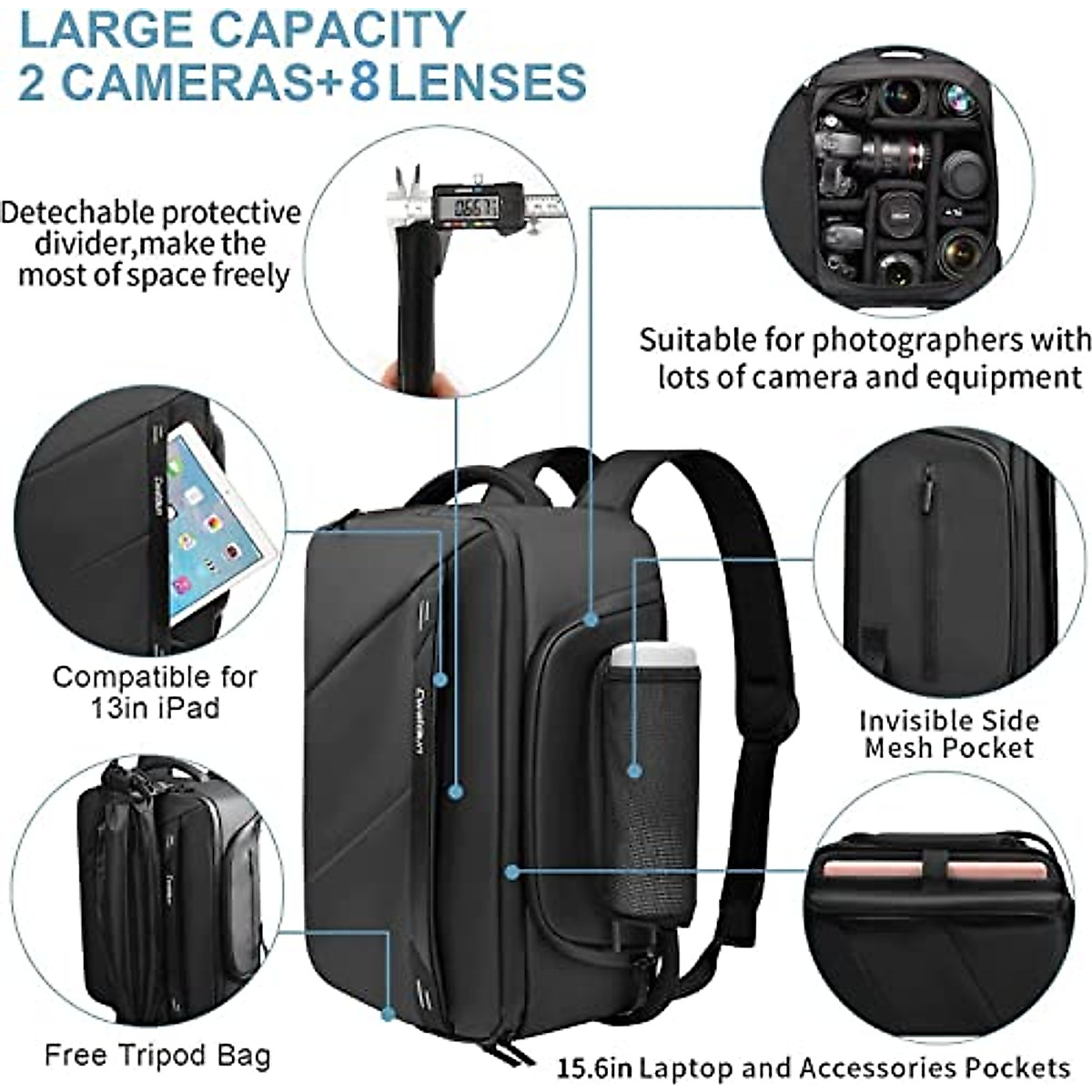 Cwatcun Professional Camera Backpack - Waterproof DSLR/SLR/Mirrorless Camera Case - Compatible with Sony, Canon, Nikon - Ipad, 15.6in Laptop, Tripod Accessories - Black