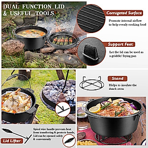 Joyfair 7qt Camp Dutch Oven Set of 4, Pre-seasoned Cast Iron Pot & Griddle Skillet, Campfire Accessories For Stewing Casserole/baking Sourdough Bread, Including Lid Lifter/Iron Stand/Cleaner