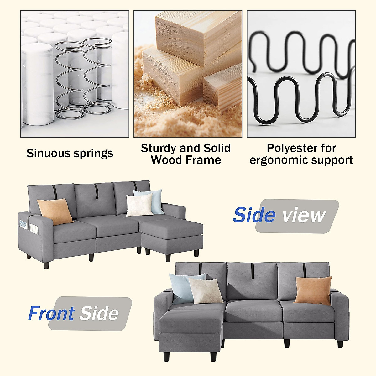 Tornama 80" L Shaped Sectional Sofas 3 Seater Couch with Reversible Ottoman Modern Linen Fabric Small Sectional Couch for Living Room, Apartment, Small Space, Light Grey