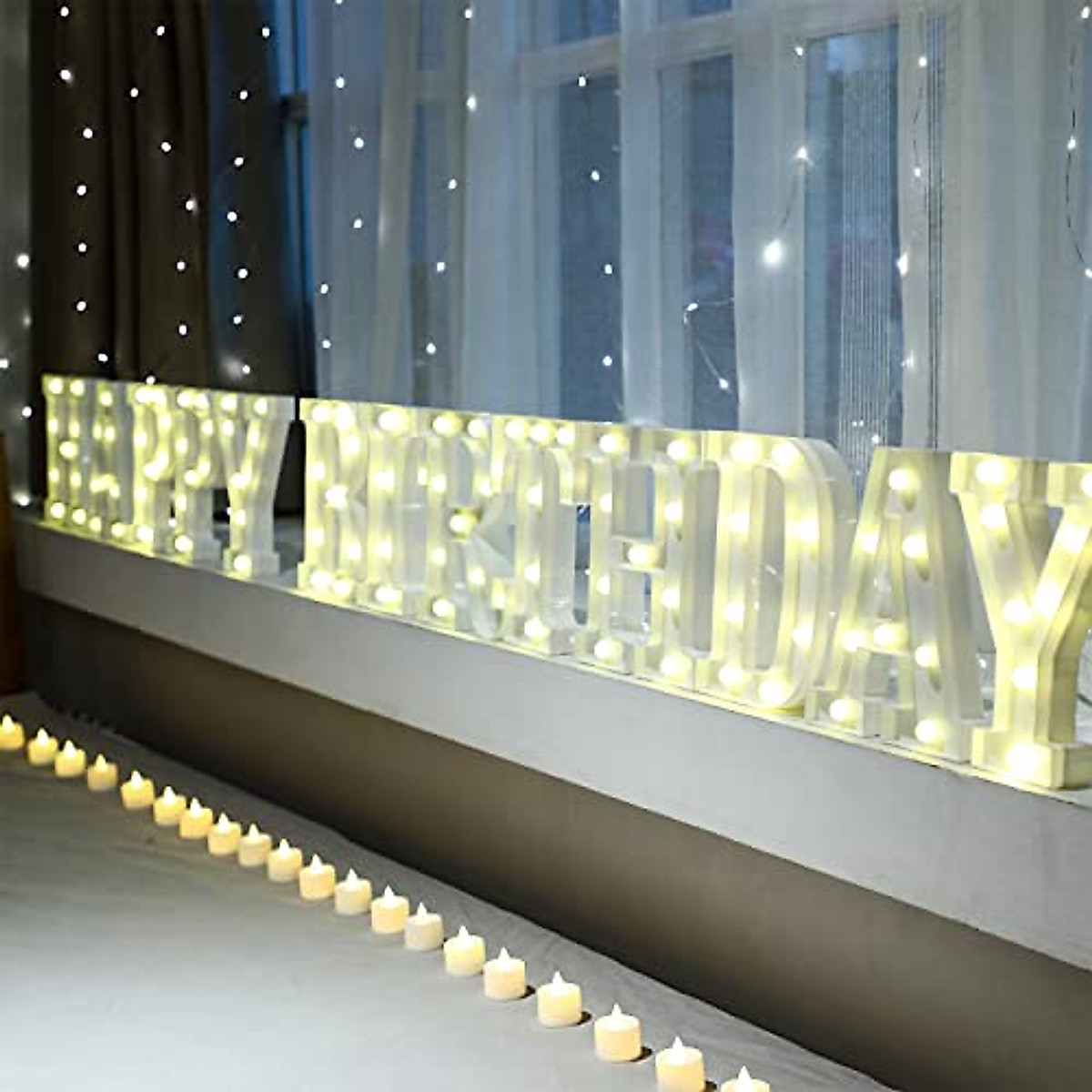 Coume 155 Bulbs Happy Birthday Marquee Light up Letters with 24 Pcs Flameless Votive Candles, White Sign Decoration Led Battery Operated Candle Tea Lights for Christmas Wedding Decor