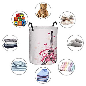 FeHuew Paris Eiffel Tower Pink Heart Collapsible Laundry Basket with Handle Waterproof Fabric Hamper Laundry Storage Baskets Organizer Large Bins for Dirty Clothes,toys,Bathroom