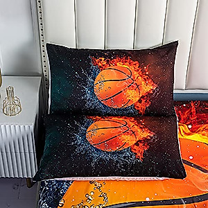 Roscloud Sports Basketball Sheets Sets Full Size - 3PC Ice Flame Galaxy Basketball Boys Fitted Sheet（Fitted Sheet*1 Pillowcases*2）