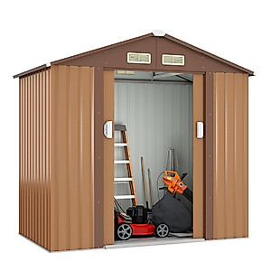 HOGYME 7' x 4.2' Metal Outdoor Storage Shed, Galvanized Steel Garden Shed & Outdoor Storage Suitable for Lawn Mower Bike, Backyard Tool Shed with Lockable/Sliding Door and Stable Base, 4 Vents, Coffee