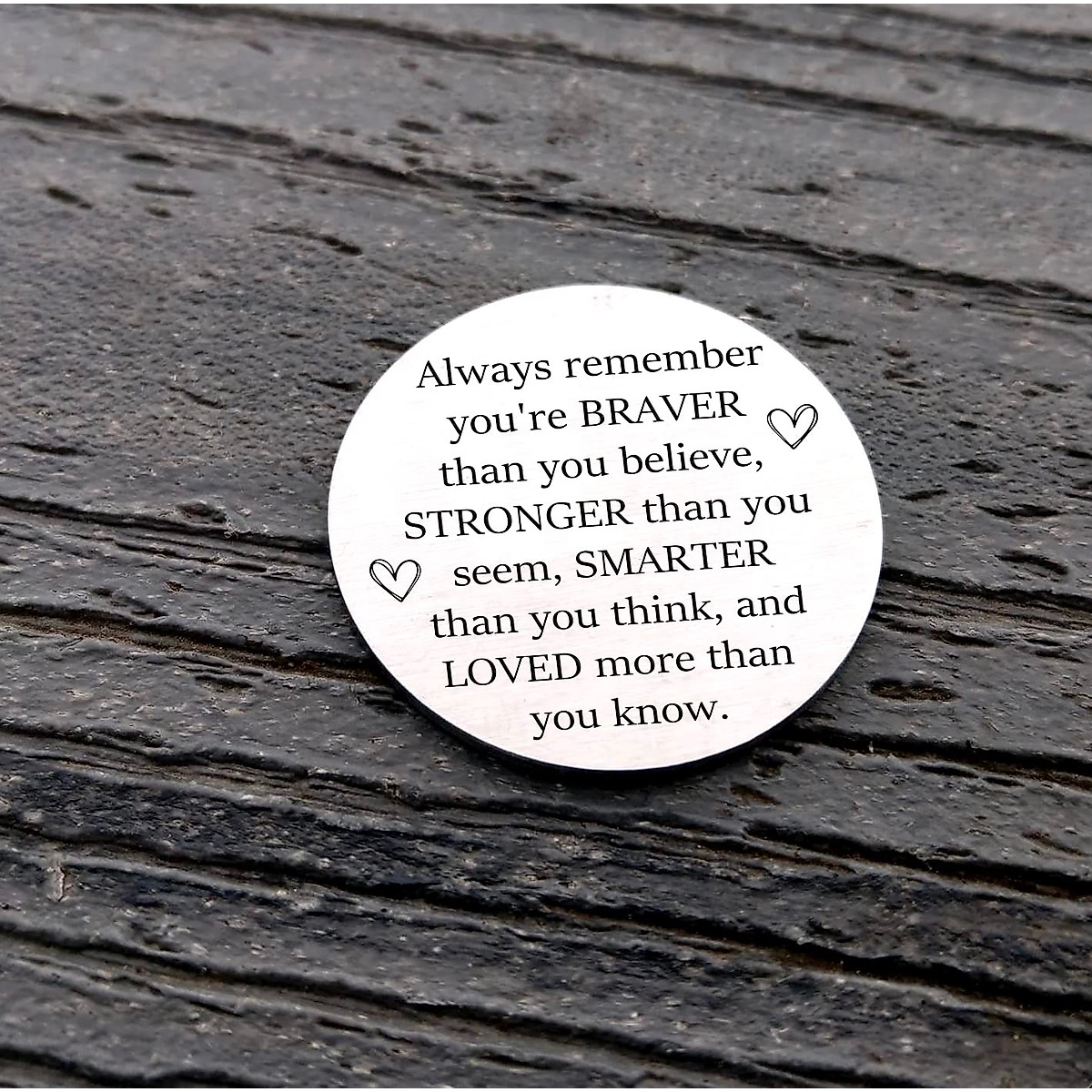 LRUIOMVE Always Remember You are Braver Than You Believe, Pocket Hug Token with Leather Keychain, Stainless Steel Double Sided Coin Long Distance Relationship Keepsake Gift