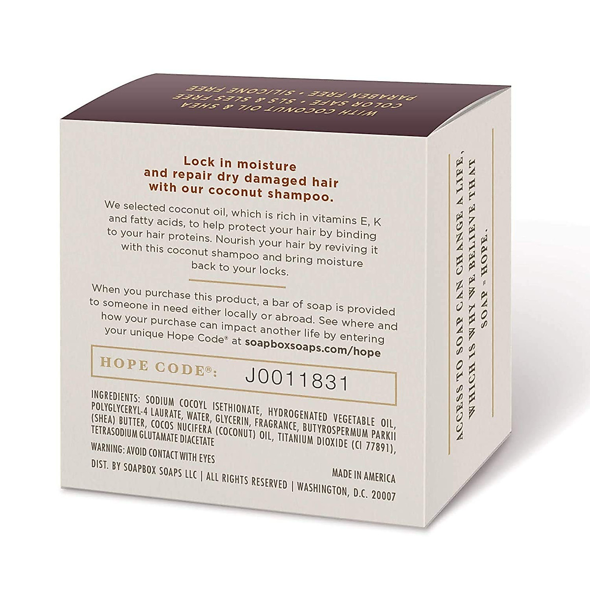 Soapbox Coconut Oil Shampoo Bar, Natural, Eco Friendly, Moisturizing Bar Shampoo for Dry Hair, Color Safe, Sulfate, Paraben, Silicone Free, Cruelty Free, and Vegan, 3.1oz (Pack of 1)