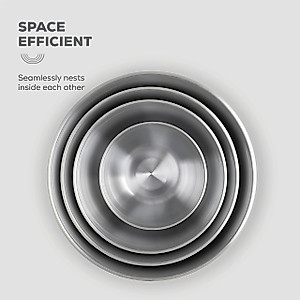 FineDine Stainless Steel Mixing Bowls with Lids Set, Stackable Nesting Dishware Bowls for Kitchen Space Storage Saving, Non-Slip Bottoms for Stability, 5 Quarts Salad Bowls