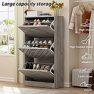 DiDuGo Shoe Cabinet with 3 Flip Drawers, Slanted Design, Shoe Organizer for Hallway Entryway Light Grey (22.4”W x 9.4”D x 42.3”H)