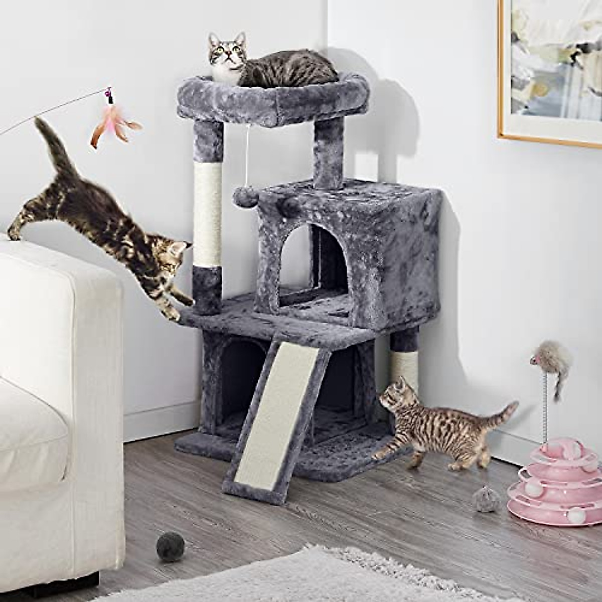 Yaheetech 36in Cat Tree Cat Tower Cat Condo Play House Climber Stand Furniture w/Scratching Post, Plush Perch, Dangling Ball, Two Condo and Ramp, Suit for Kittens, Cats and Pet