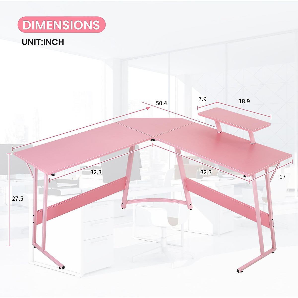 BLKMTY L Shaped Desk PC Gaming Desk Computer Desk with Monitor Stand Large Desktop Studying Executive Table Corner Desk Office Computer Table for Home Office Sturdy Writing Workstation, Pink