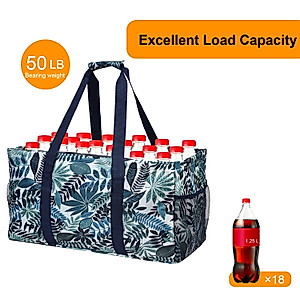 Extra Large Utility Tote Bag Beach Bag Reusable Grocery Bags Collapsible Tote with Wire Frame for Groceries Storage Picnic Leaves 3