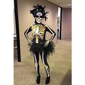 uideazone Halloween Costume for Women Golden Skeleton Skull Cosplay Jumpsuit Bodysuit Long Sleeve Skinny Outfits