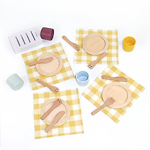 Pillowhale Wooden Toy Plates and Dishes Set,Play Kitchen Cutlery and Plate Set,21Piece Kids Kitchen Playset Accessories for Toddlers Boys Girls Ages 3+