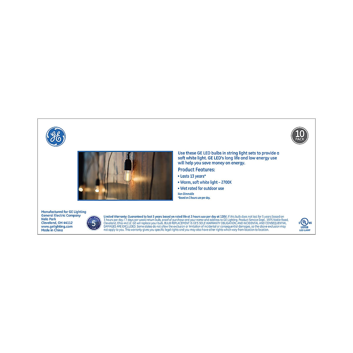 GE LED String Light Bulb Replacements, Soft White, S14 Bulbs, Clear, Medium Base (10 Pack)