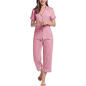 Joyaria Bamboo Pajamas for Women Cooling Capri Pj Sets Short Sleeve(Dusty Pink,Large)
