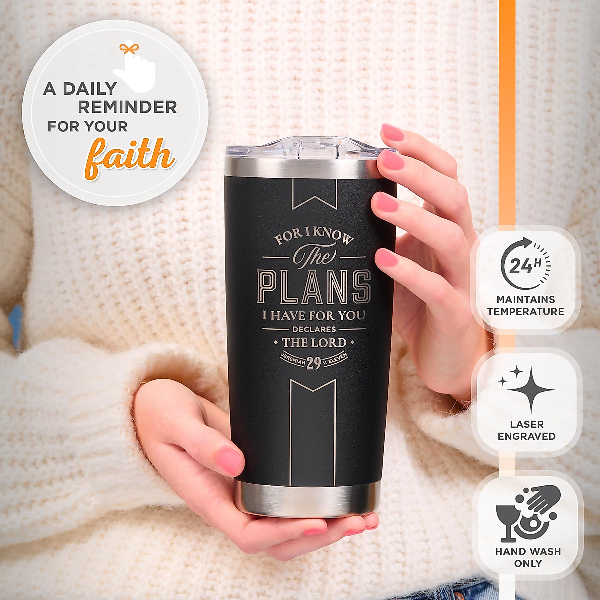 Christian Art Gifts Large Stainless Steel Inspirational Travel Tumbler for Men & Women: Know the Plans Encouraging Bible Verse, Engraved Double Wall Vacuum Insulated, Lid, 24hr Hot/Cold, Black, 18 oz.