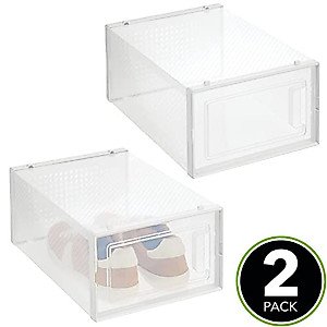 mDesign Stackable Plastic Closet Storage Box with Side Opening Panel- for Organizing Mens and Womens Shoes, Booties, Pumps, Sandals, Wedges, Flats, Heels, and Accessories, 2 Pack - White/Clear