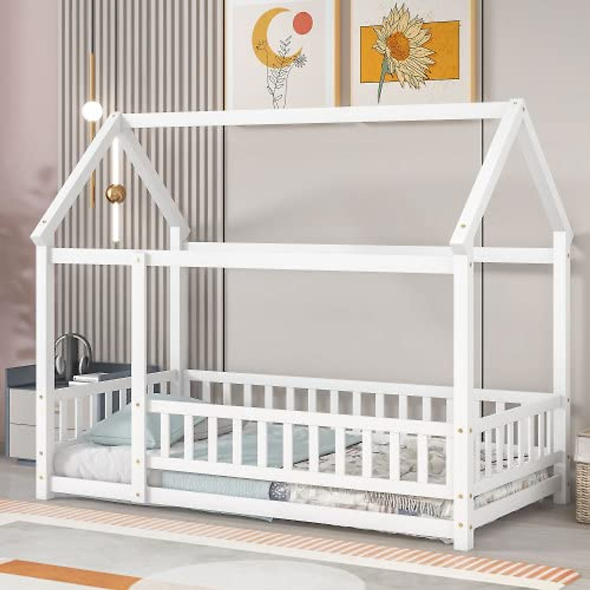 AnwickNomo Twin Size Floor Bed with Fence for Toddler, Montessori Bed with House Roof, Wooden Floor Bed Frame for Boy Girl Kids (White)