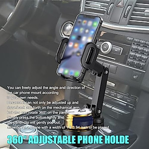 Cup Holder Phone Mount for Car, Cell Phone Cup Holder Car Mount, Car Cellphone Large Adapter Long Arm with 360 Degree Rotation, 2 in 1 Car Cup Phone Holder Fits Most Bottles and Smartphones