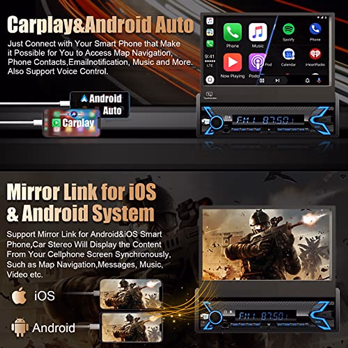 Single Din Car Stereo Player Compatible with Apple Carplay & Android Auto–7 Inch Flip Out Touchscreen Car Radio with Bluetooth| Mirror Link| Backup Camera| USB/SD/AUX Input| AM FM| Subwoofer| DSP