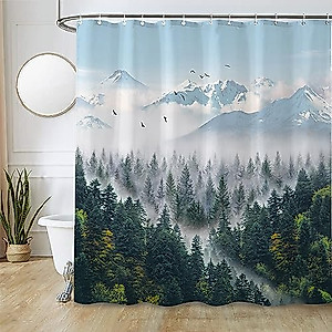 Zussun Long Green Misty Forest Shower Curtain Nature Foggy Tree Mountain Shower Curtains for Bathroom Waterproof Fabric Woodland Decorative Modern Bath Curtain Decor with Hooks (Green1, 72" x 78")