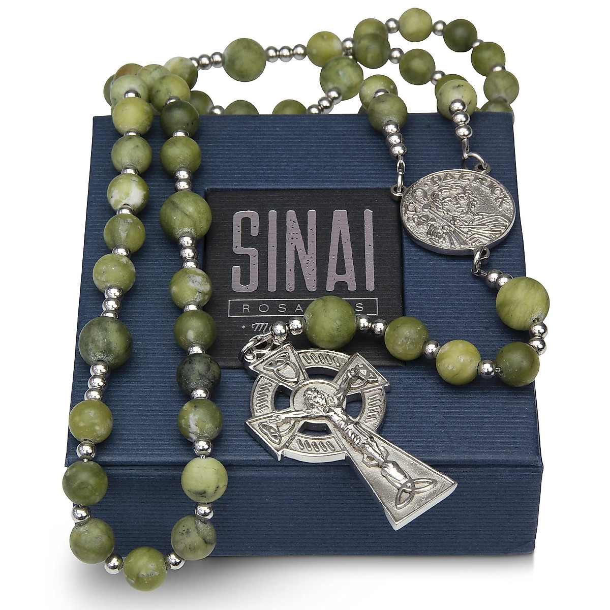 St Patrick Green Jade Rosary, Irish Rosary with Stainless Steel Celtic Cross and Medal