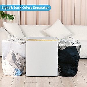 efluky Double Laundry Hamper with Lid, Divided Laundry Hamper with Removable Bags, 2 Section Dirty Clothes Basket with Handles for Bathroom, Bedroom & Laundry Room, 140L Light Grey