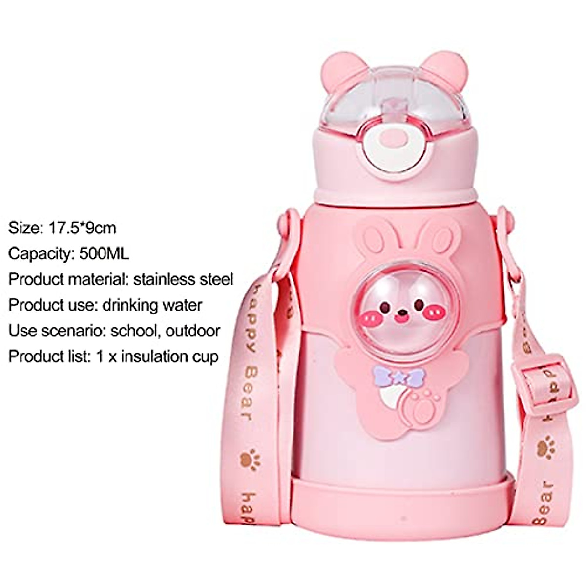 ZTGD Cute Insulated Water Bottle 500ml for Kid&Lady,Kawaii Thermos Cup with Straw,Hanging Rope&Cute Pattern,Stainless Steel Coffee Vacuum Thermos Bottle Keep Drinks Hot or Cold for Travel,School,Offi