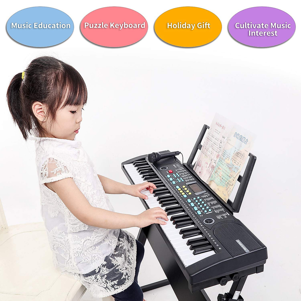 Hricane Piano Keyboard, 61 Keys Beginner Electronic Keyboard Portable Digital Music Keyboard, Early Education Music Instrument with Microphone & Music Sheet Stand