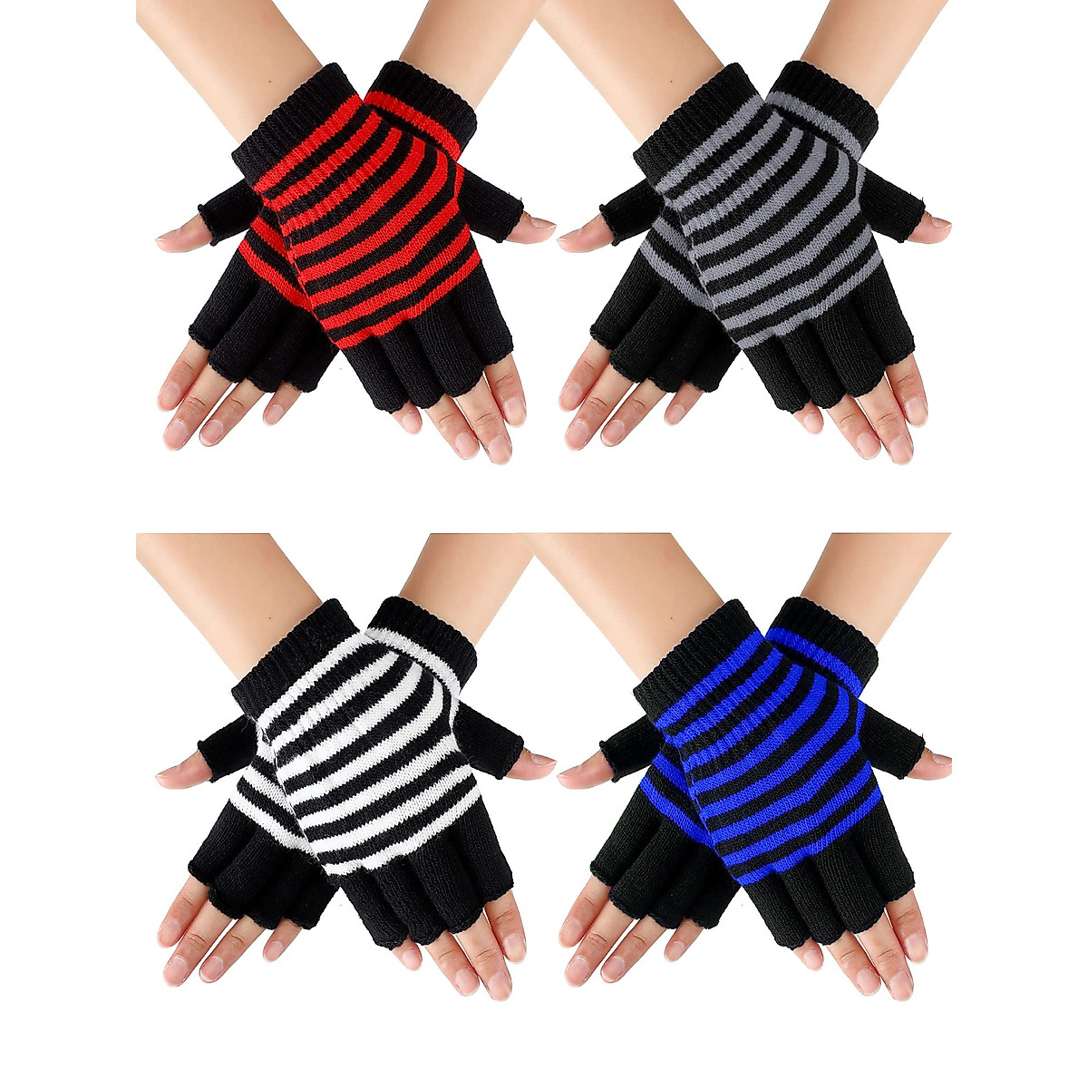 4 Pairs Fingerless Gloves Unisex Half Finger Gloves Striped Knit Stretchy Winter Gloves for Women Men Cold Weather (Striped Style)