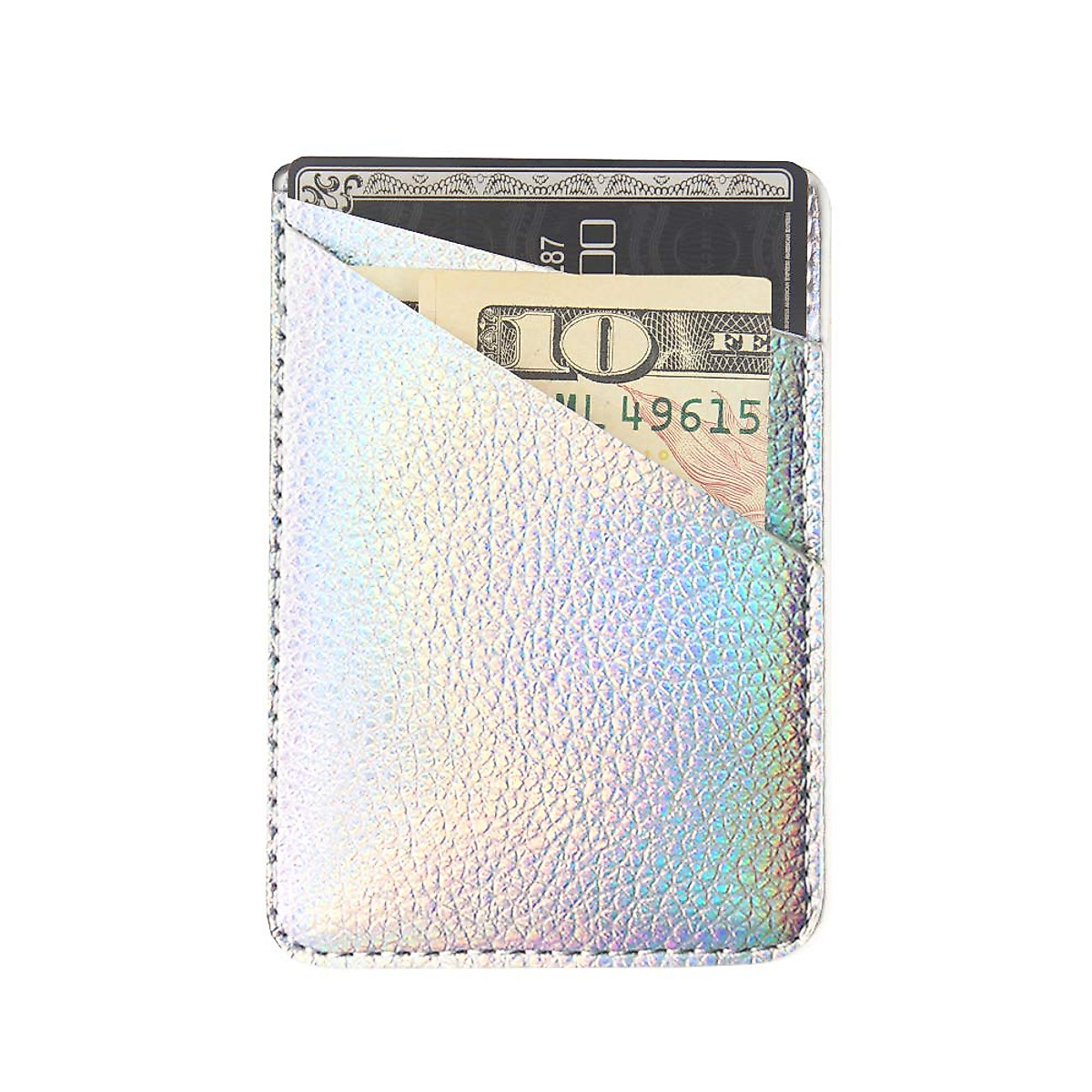 Obbii Metallic Gold PU Leather Card Holder for Back of Phone with 3M Adhesive Stick-on Credit Card Wallet Pockets for iPhone and Android Smartphones (Silver)