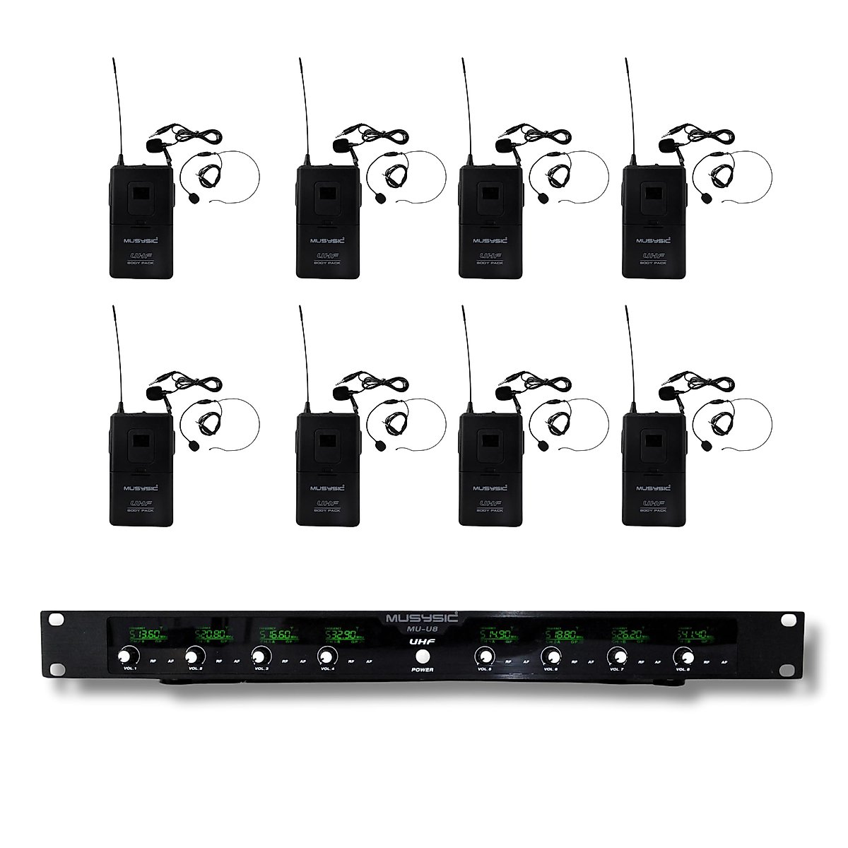 MUSYSIC Pro Wireless Microphone System – Advanced SM Technology, 1/4" TRS & XLR Output - 8 Channel UHF Receiver - 8 Lapel Lavalier - 8 Headset - MU-U8-LL