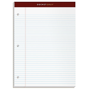 TOPS Docket Gold Writing Pads, 8-1/2" x 11-3/4", Narrow Rule, 3-Hole Punched, White Paper, 100 Sheets, 2 Pack (99706)