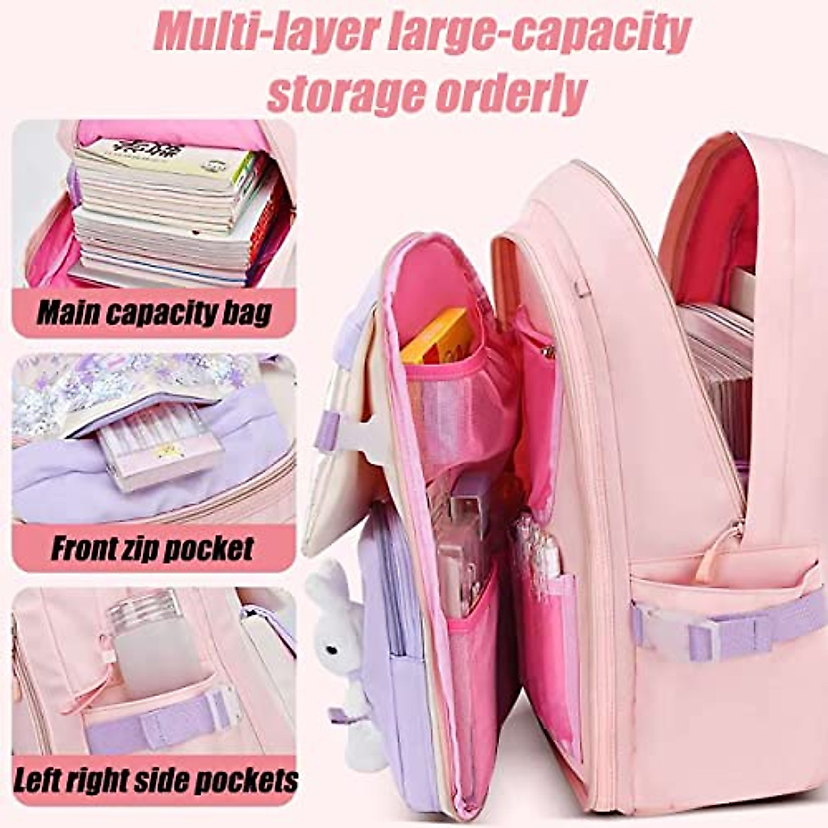 Bunny Backpack Kawaii Rabbit Backpack for Girls Cute Large Capacity Waterproof Bookbag for Grades 1-6 (Pink, Large（12.5*6.7*17.7inch）)