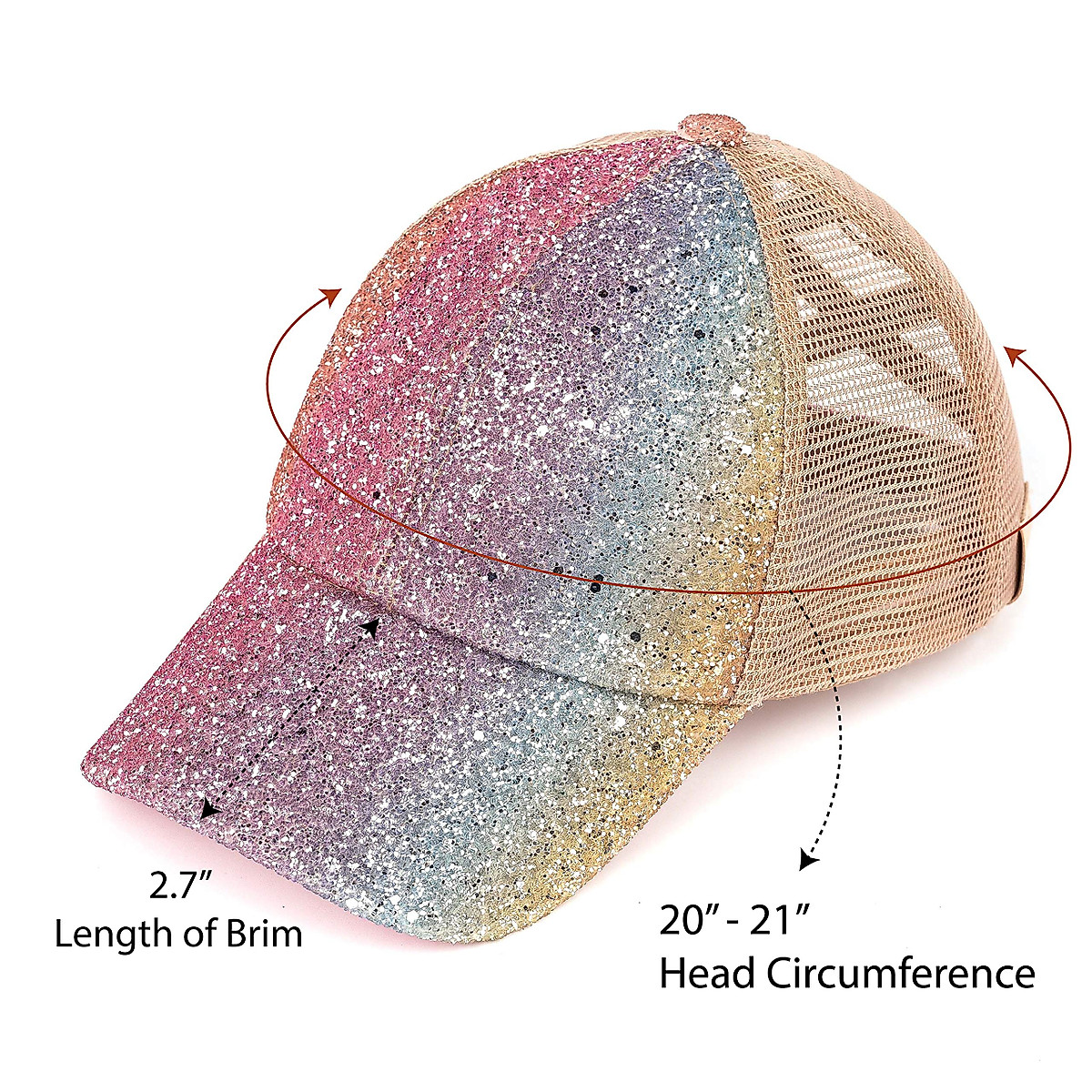 C.C Exclusives Washed Distressed Cotton Denim Criss-Cross Ponytail Hat Baseball Cap Bundle Hair Tie (KIDS-BT-931) (A Elastic Band-Crystal Ombre Mermaid-Kids)