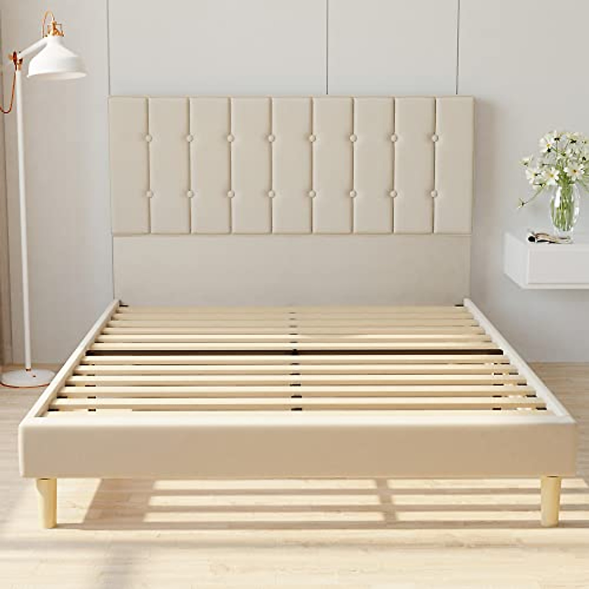 LIKIMIO Queen Bed Frame with Headboard, Velvet Upholstered Platform Beds with Strong Wooden Slats/Mattress Foundation/Easy Assembly, Beige