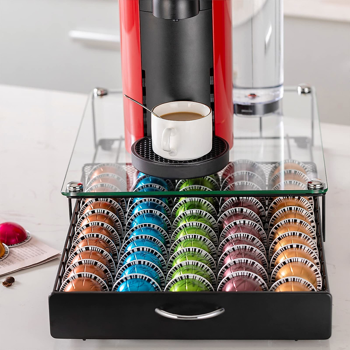 Rice rat Coffee Vertuo Capsule Holder Drawer for Nespresso With Glass For Cabinet Vertuoline Pod Storage Rack For Counter (Class-50 Pods（With handle）)