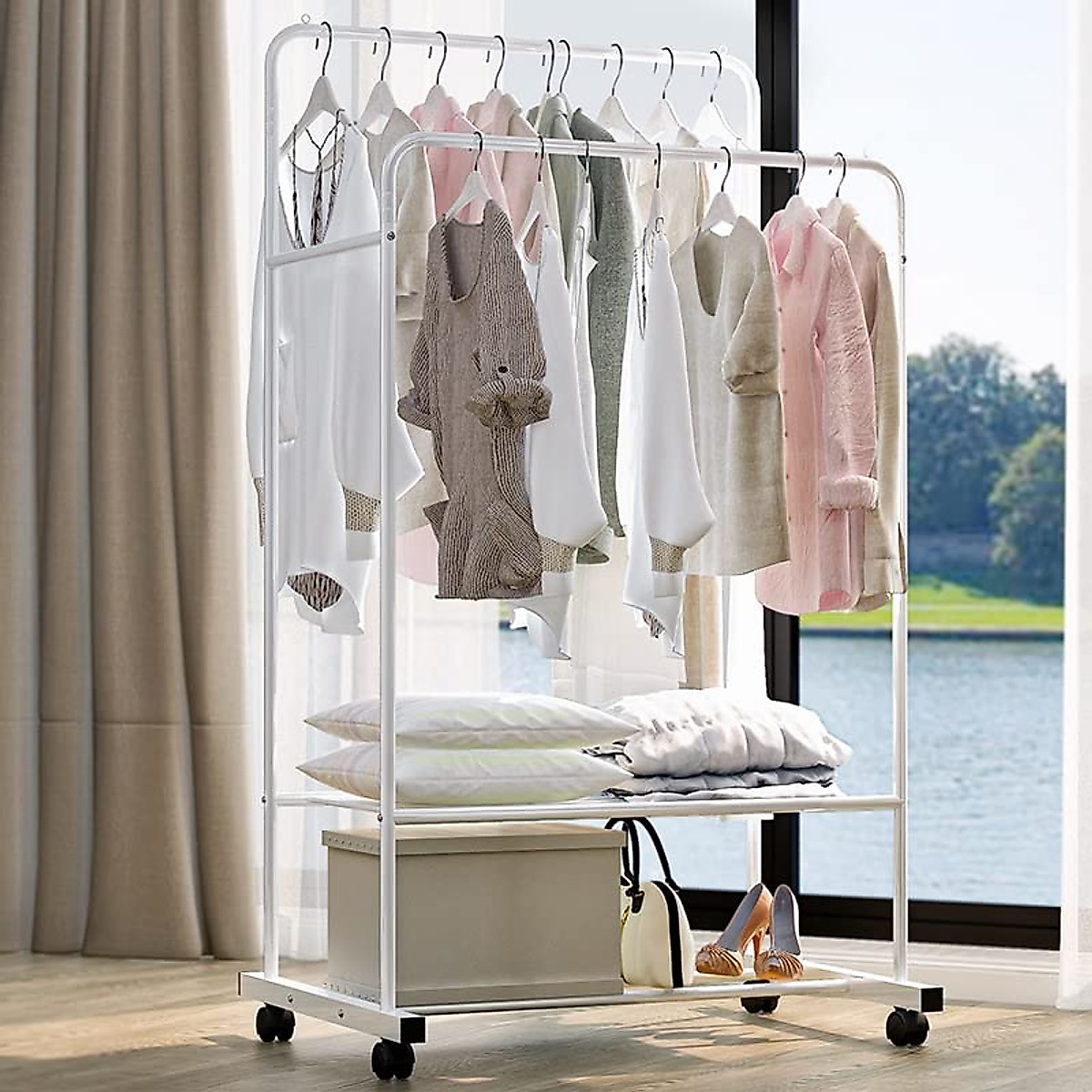 DOUBAO Floor-to-Ceiling Bedroom Folding Indoor Simple Coat Rack Balcony Hanger Double-Rod Clothes Drying Rack