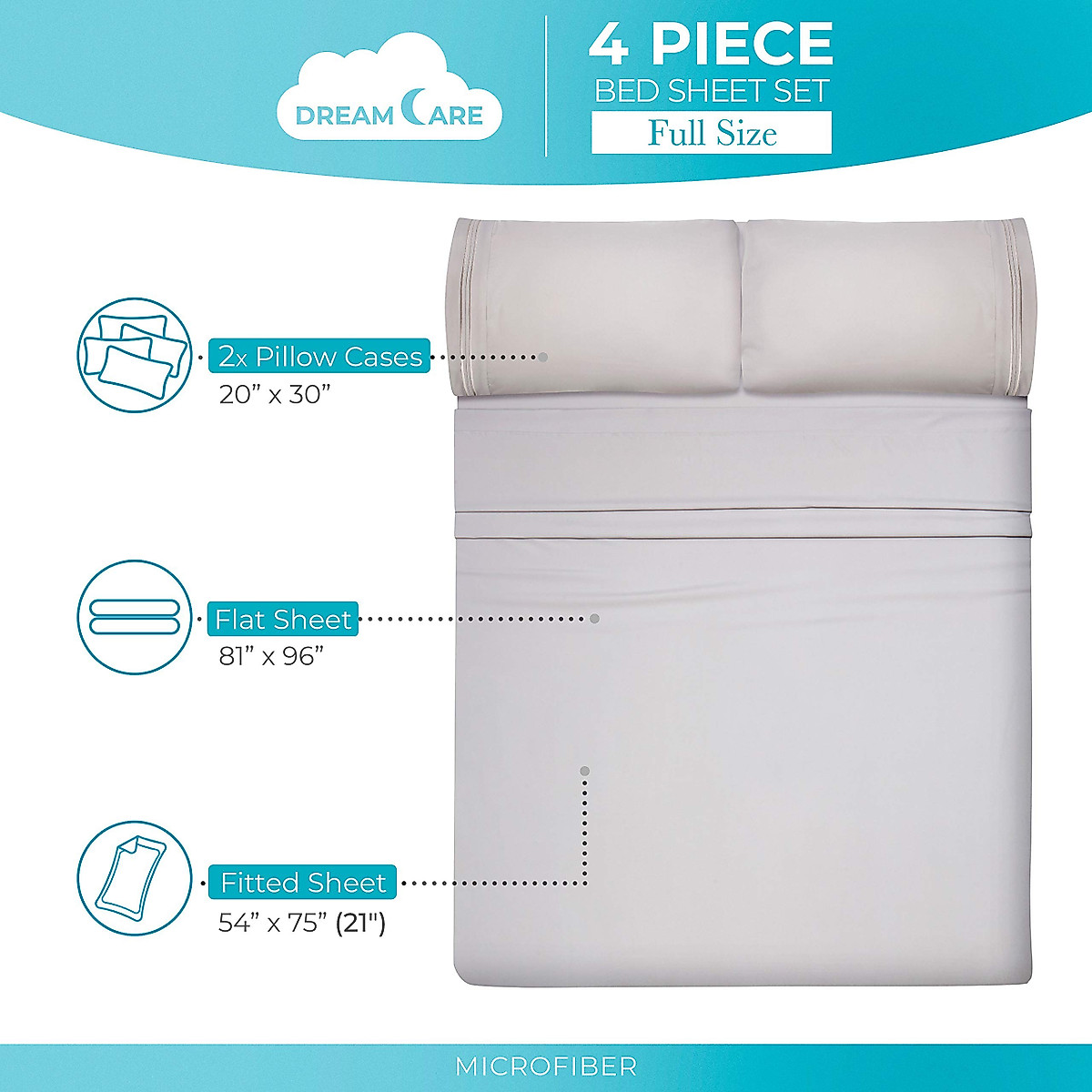 DREAMCARE Full Size Sheets – 4 pcs Cooling Sheets – up to 21” Deep Full Sheet Set – Hotel Luxury Sheets & Pillowcases – Superior Softness 100% Fine Microfiber with Side Pocket – Light Gray