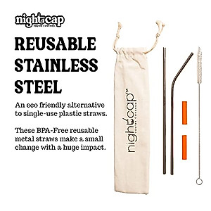 NightCap Straw Kit - The Eco Friendly Complement to Your NightCap with 2 Reusable Stainless Steel Straws, Straw Brush, Carrying Pouch, and 2 Silicone Tips - Ideal Drinking Straws for Home and Travel