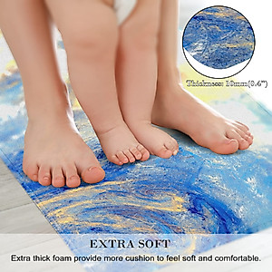 RYANZA 2 Pieces Kitchen Rugs, Abstract Anti Fatigue Non Slip Foam Cushioned Art Light Blue Yellow Painting Comfort Indoor Floor Mat Runner Rug Set for Laundry Office Sink Bathroom (17"X48"+17"X24")