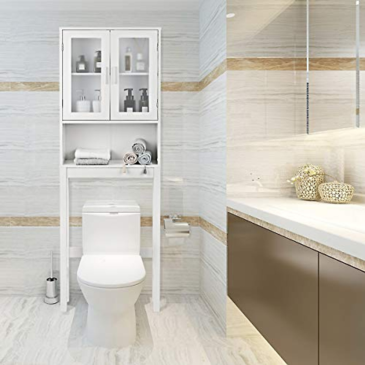 BestComfort Wooden Over The Toilet Storage Cabinet, Home Bathroom Space Saver, Double Doors, Adjustable Shelf Organizer, Open Storage Shelf, Freestanding Toilet Storage Rack Unit