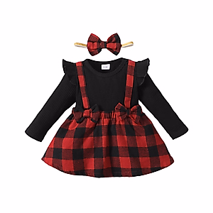 HIGHUZZA 3-6 Month Baby Girl Clothes Newborn Dress Infant Romper Fall Outfits Winter Jumpsuit Girl's Clothing Overall Plaid Stripes Girl Skirt Set with Headband Black