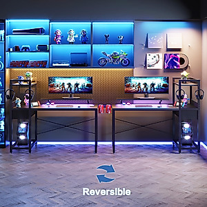 TREETALK Gaming Desk with Power Outlets & Music Strip Lights,47In Reversible Computer Desk with Storages Shelves,Wooden Drawer& CPU Stand, PC Laptop Table with Large Monitor Stand for Home Office