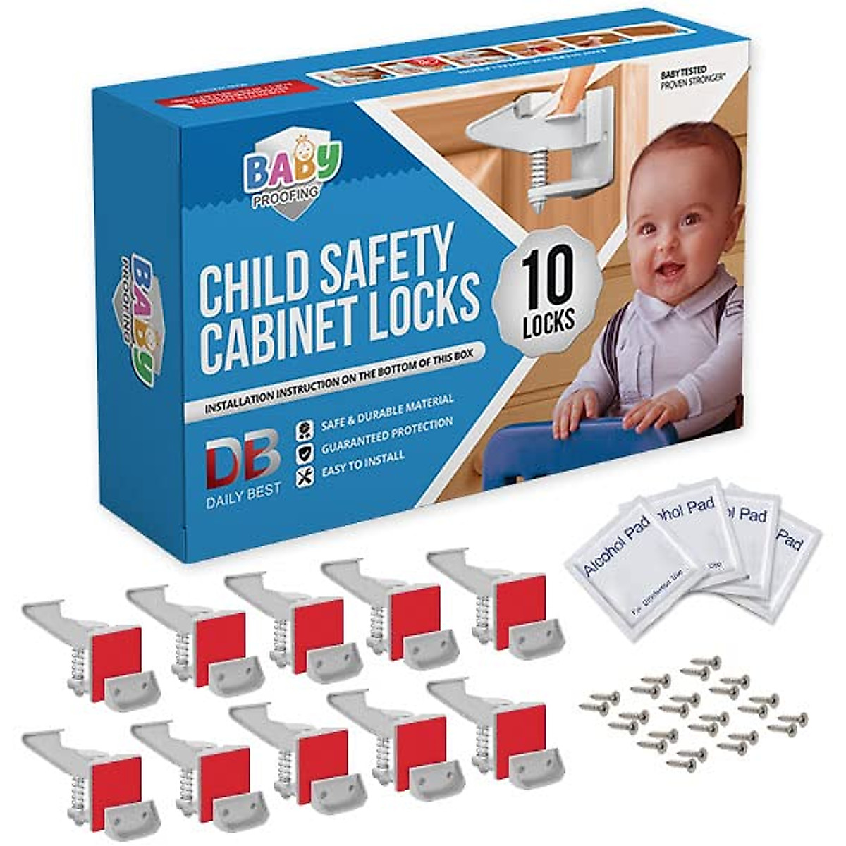 Cabinet Locks for Babies - Child Safety Latches 10 Pack - Invisible Adhesive Baby Proofing Drawer Locks - Works with Most Cabinets and Drawers - No Drilling Installation - (White)