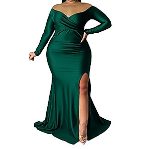 Uni Clau Women Elegant Plus Size Off Shoulder V Neck Long Sleeve Ruched Dress High Split Formal Party Night Maxi Dresses Green XL