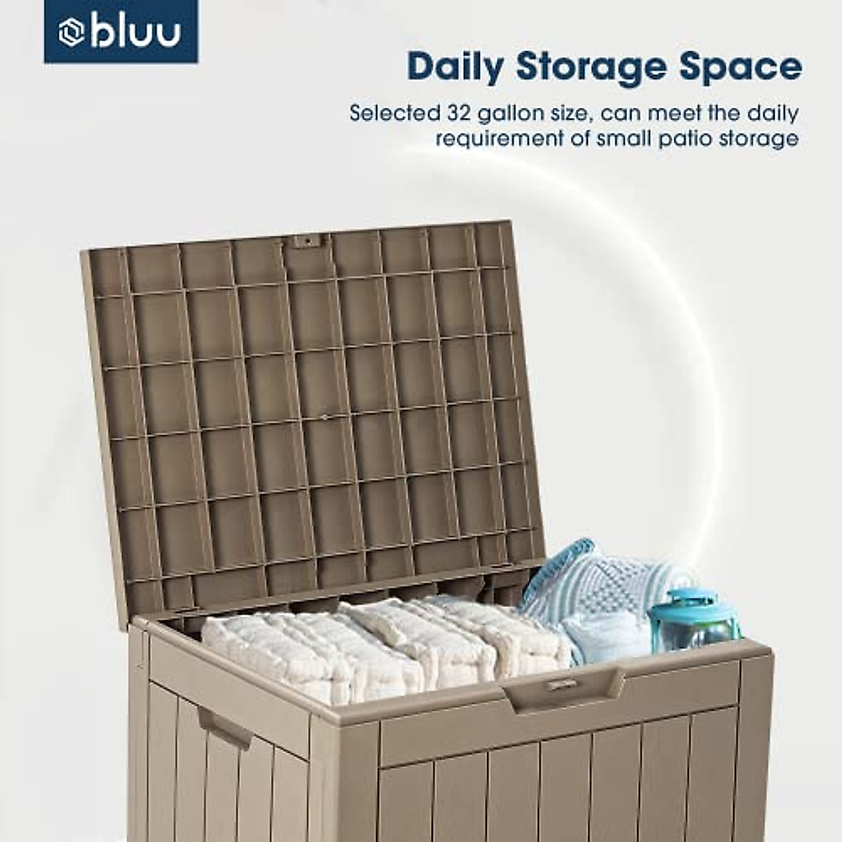 BLUU Deck Box 32 Gallon, Outdoor Storage Box for Patio Cushion, Pillows, Toys, Garden Tool and Hose Storage, Waterproof Material with Lockable Lid & Side Handles, Wood Grain Texture, Taupe