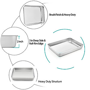 TeamFar Small Lasagna Pan Set of 2, 10.5’’ x 8’’ x 2’’ Stainless Steel Rectangular Brownie Cake Pan For Baking Roasting, Healthy & Sturdy, Brushed Surface & Dishwasher Safe, Deep Side