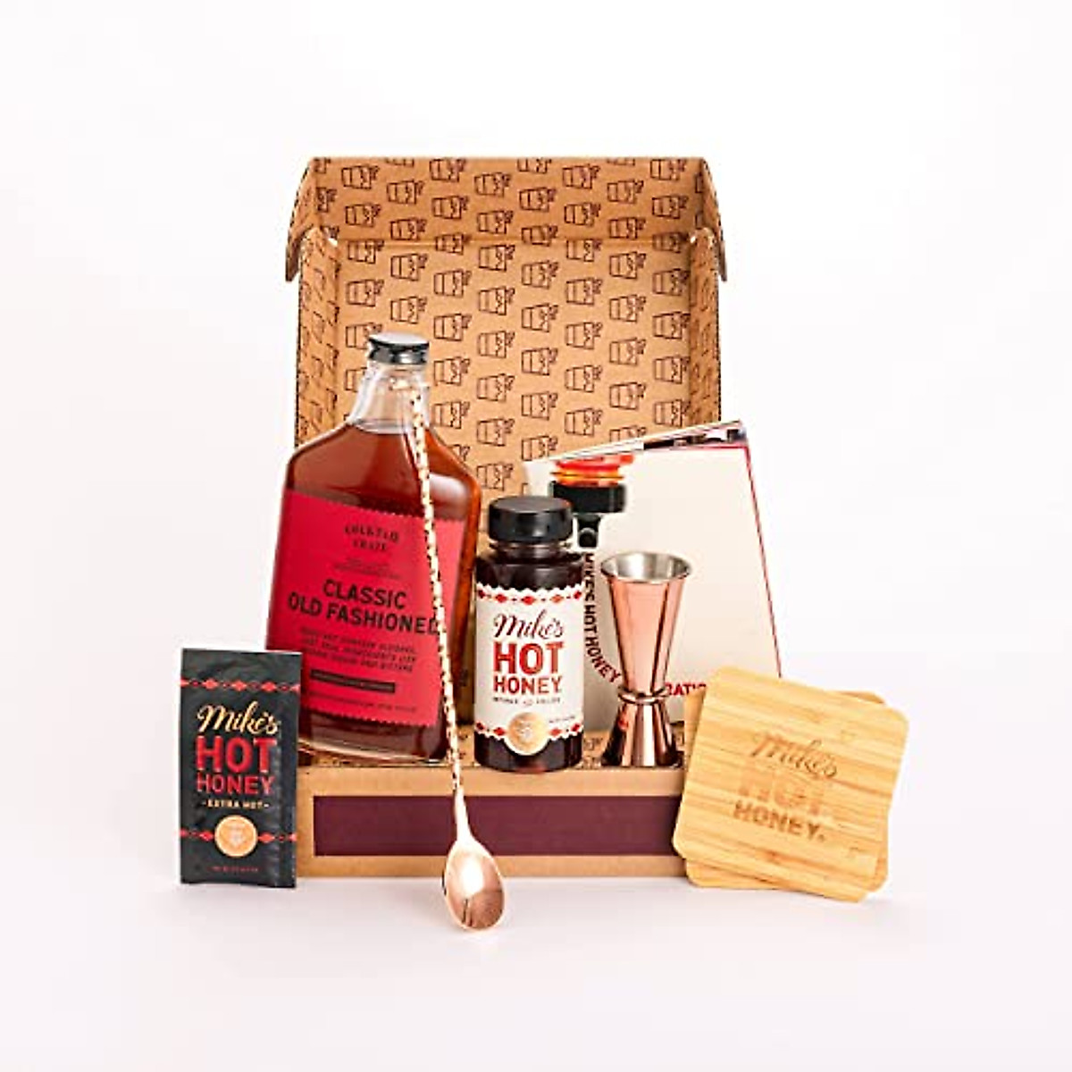 Mike's Hot Honey Cocktail Gift Set - Old Fashioned Cocktail Kit with Rose Gold Cocktail Jigger and Bar Spoon, Classic Old Fashioned Cocktail Mix, Mikes Hot Honey, 2 Coasters & Recipe Book