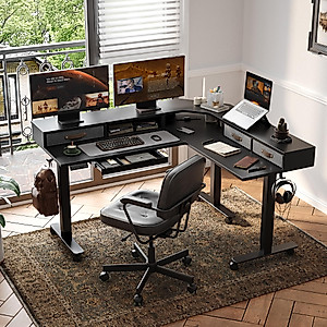 Claiks Dual Motor 63" L Shaped Standing Desk with Drawers, Electric Standing Desk Adjustable Height, Corner Stand up Desk with Splice Board, Black Frame/Black Top