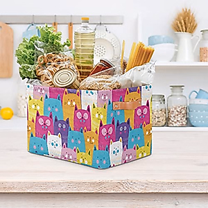 Rectangular Cats Baskets, Kitten Girls Storage Bins Kids Storage Basket with PU Leather Handles Cute Baskets Clothes Toys Box Books Baskets Gifts Baskets for Closet Shelf Nursery Bedroom 15x11x9.5 In